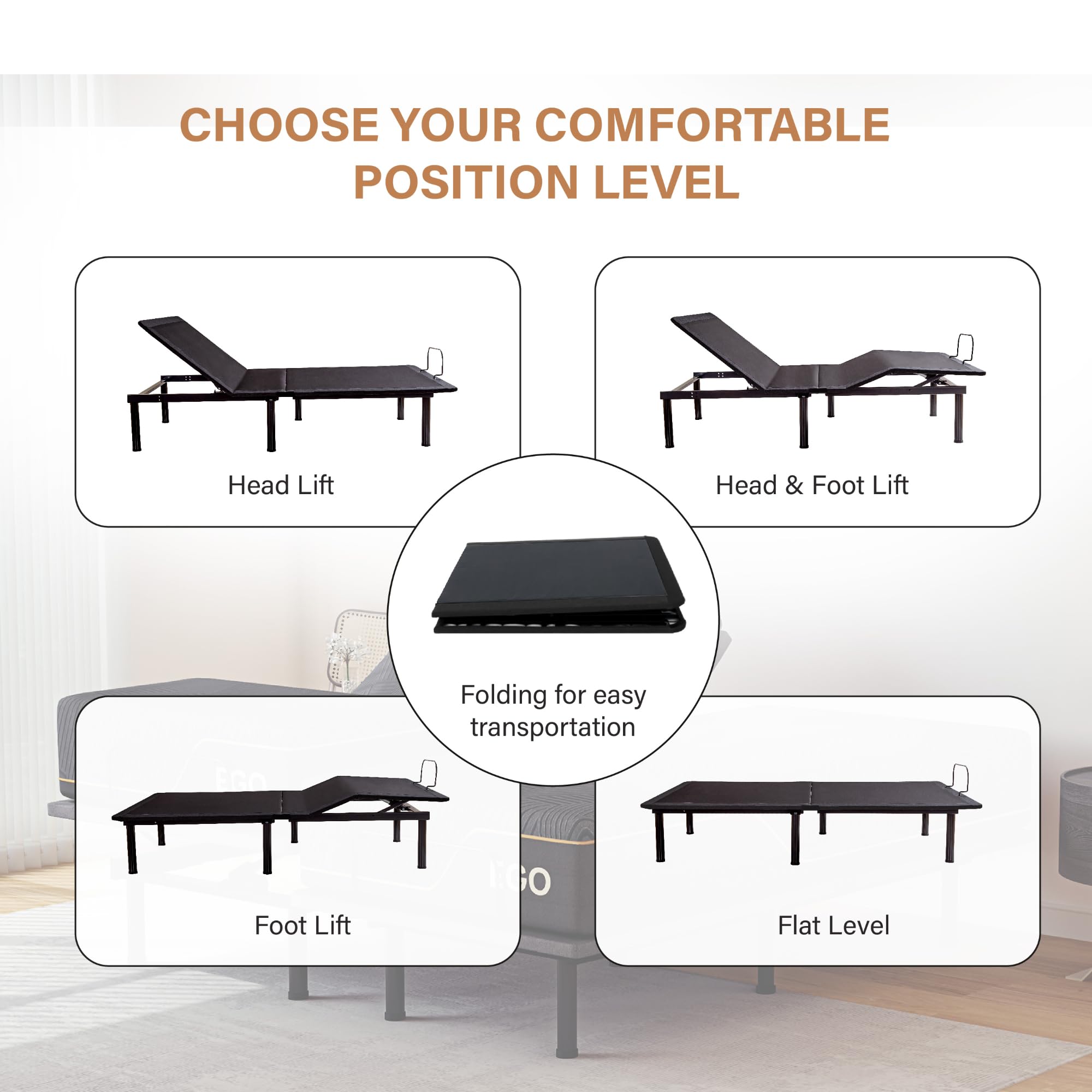 EGOHOME Split King Adjustable Bed Frame and 14 inch Copper Gel Memory Foam Mattress Set, Metal Foldable Bed Base with Remote, Independent Head and Foot Incline, Zero Gravity Mode, Easy Assembly