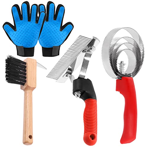 Swpeet 5Pcs Reversible Stainless Steel 4 Rings Curry Comb and Horse Hoof Pick Brush with Scotch Type Curry Comb Grooming Rake Kit, Grooming Gloves Soft Touch Grip Horse Brush Scraper for Horse
