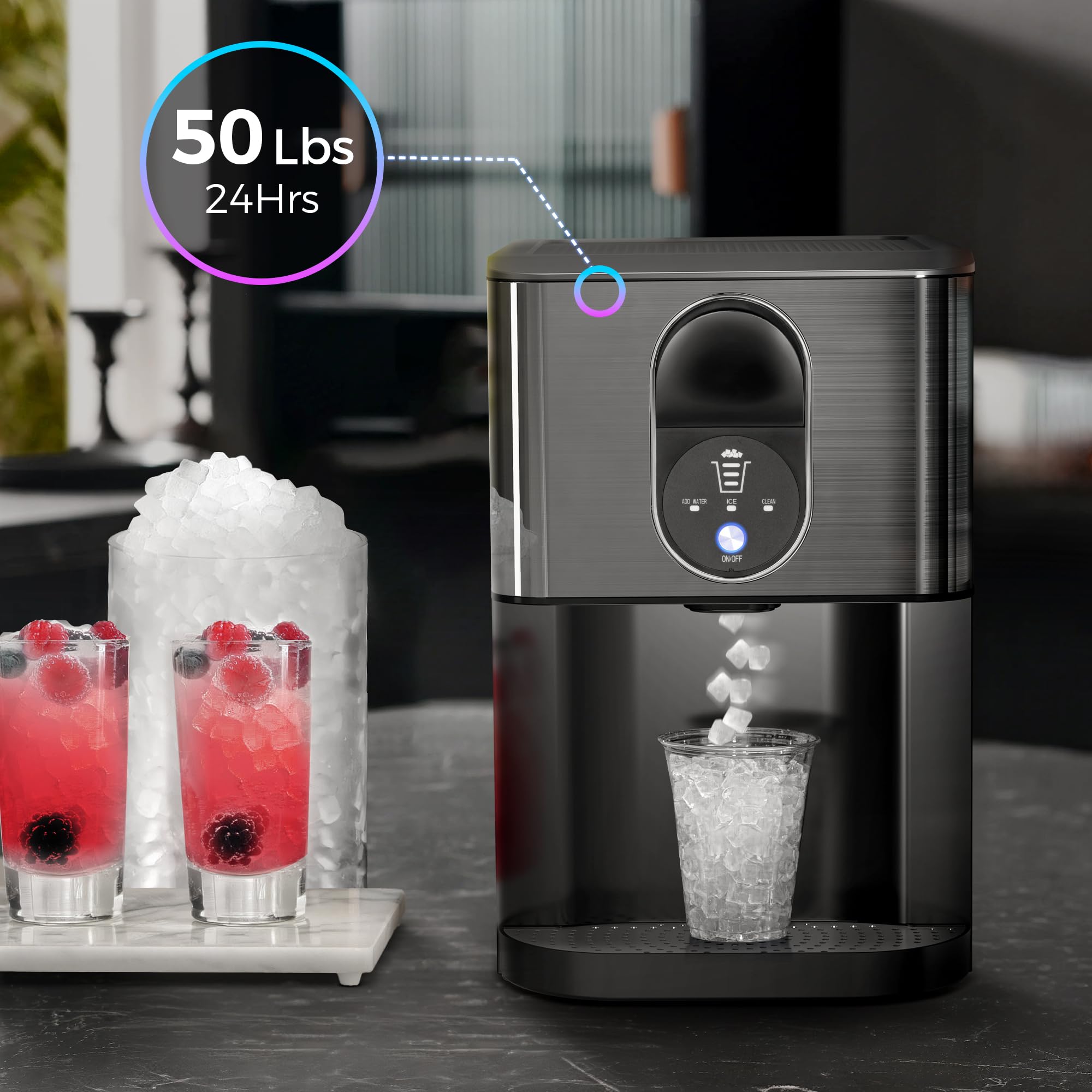 Nugget Ice Makers Countertop, Pebble Ice Maker Machine with Self-Cleaning, 50lbs/24H, Stainless Steel Housing, Pellet Ice Maker with 2.5qt Water Reservoir, Crushed Ice Maker for Home & Kitchen(Black)