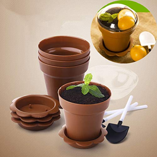 Housoutil Dessert Cups 20pcs Mini Dessert Cup, Plastic Flowerpot Cake Cups with Dome Lid, Bottom Tray and Shovel Spoon, Small Flower Pot Ice Cream Cups for Pudding Mousse DIY Baking Flower Pot Cupcake