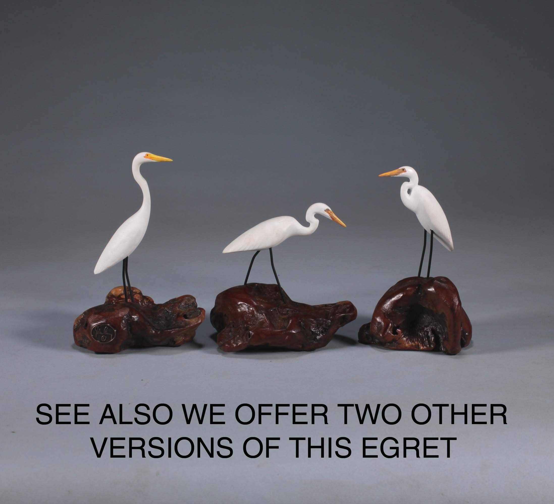 Egret sculpture by John Perry 4 inches tall on burlwood base Hunting version Statue Figurine