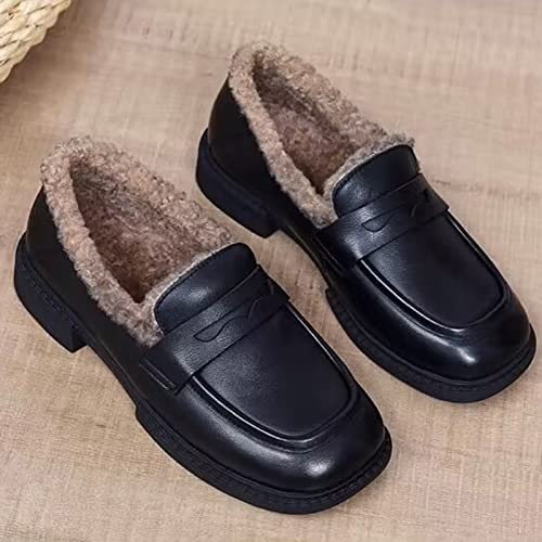 FASDNENDYS Leisure Women's Winter Keep Warm Winter Non Slip Square Heels Round Toe Lazy Casual Shoes Womens Flashback Casual Shoes Black