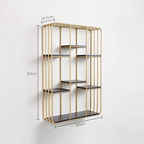 PIBM Stylish Simplicity Shelf Wall Mounted Floating Rack Shelves Simple Rect Iron Art Wooden Storage Multifunction Bookshelf,4 Layers, Gold , 60x16.5x90cm