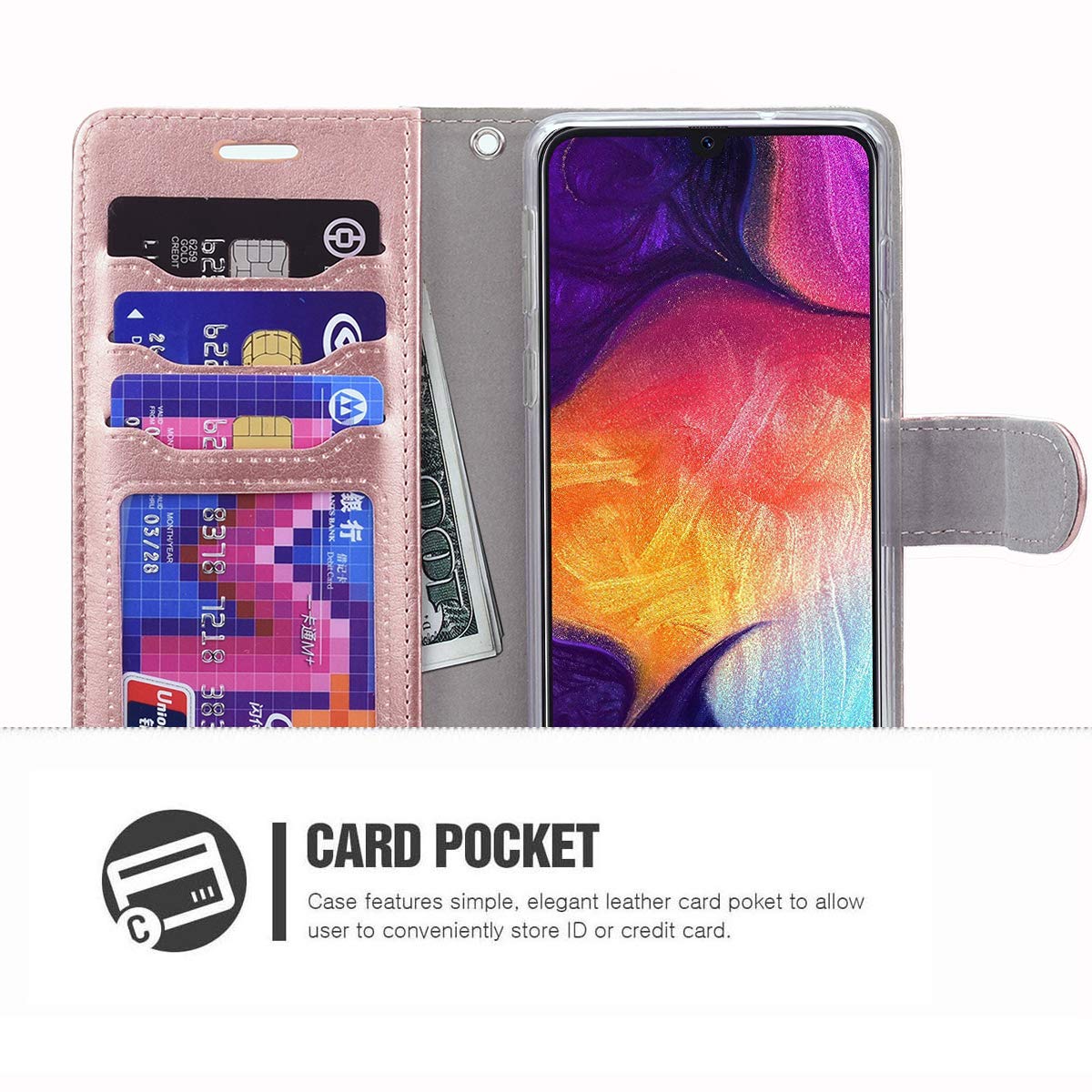 ERAGLOW Galaxy A50 Case,Galaxy A50 Wallet Case,Premium PU Leather Wallet Flip Protective Phone Case Cover w/Card Slots & Kickstand for Samsung Galaxy A50 2019 (Rose Gold)