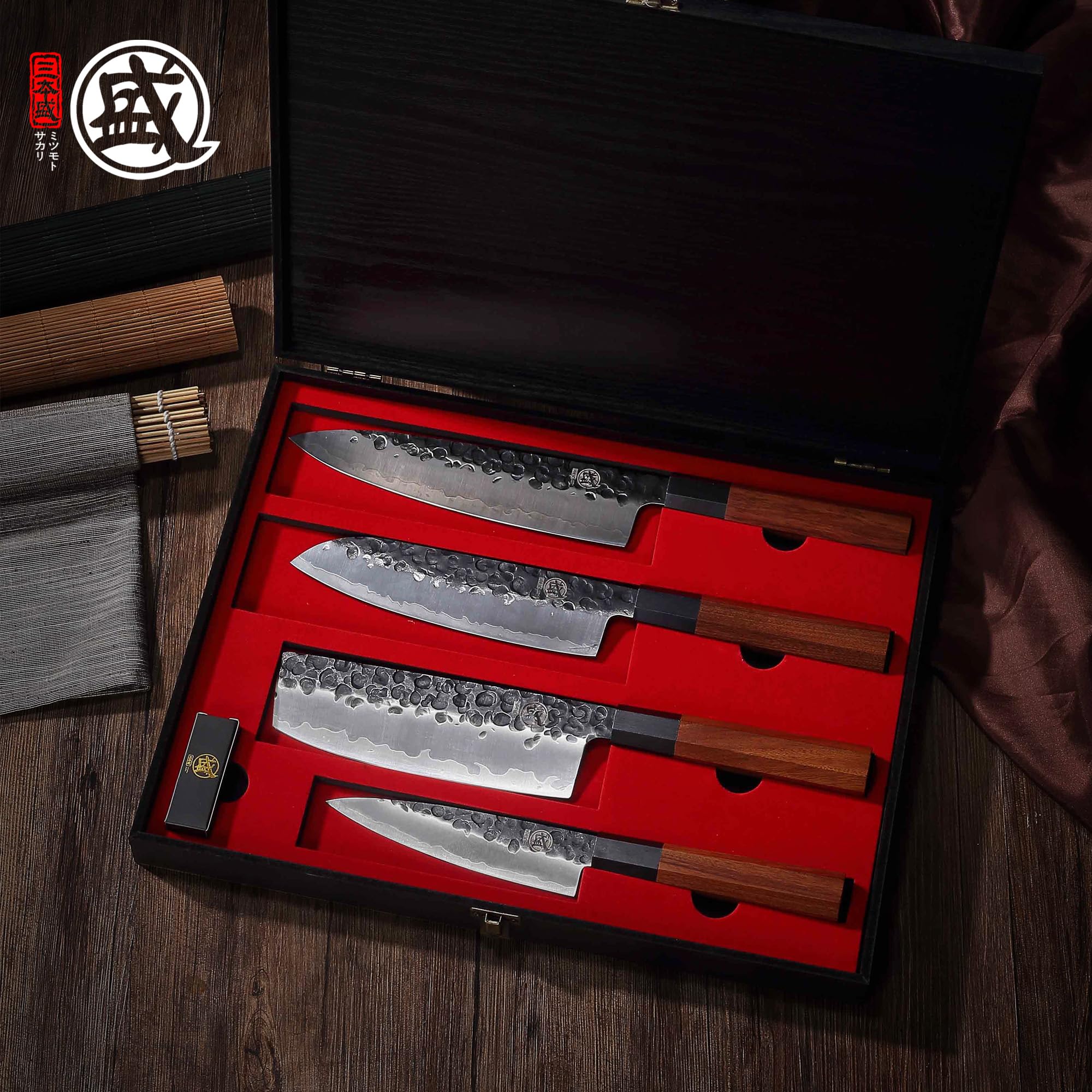 MITSUMOTO SAKARI Japanese Chef's Knife Set 4 Pcs, Professional Hand Forged Kitchen Chef Knife Set, High Carbon Ultra Sharp Cooking Chefs Knife Set (Rosewood Handle & Sandalwood Box)