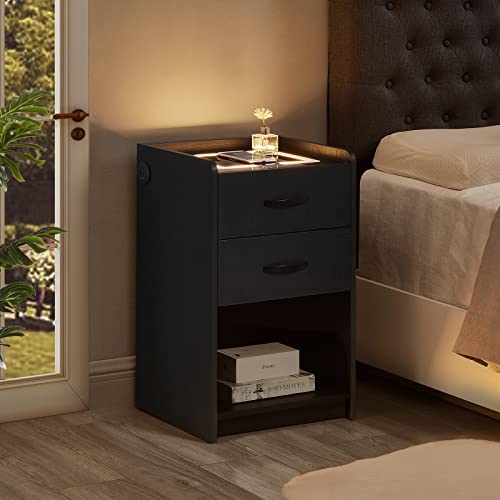 OLD CAPTAIN Nightstand with Wireless Charging Station, Smart Bedside Tables with Drawers and Open Storage Shelf for Bedrooms (Black Elm) … … …