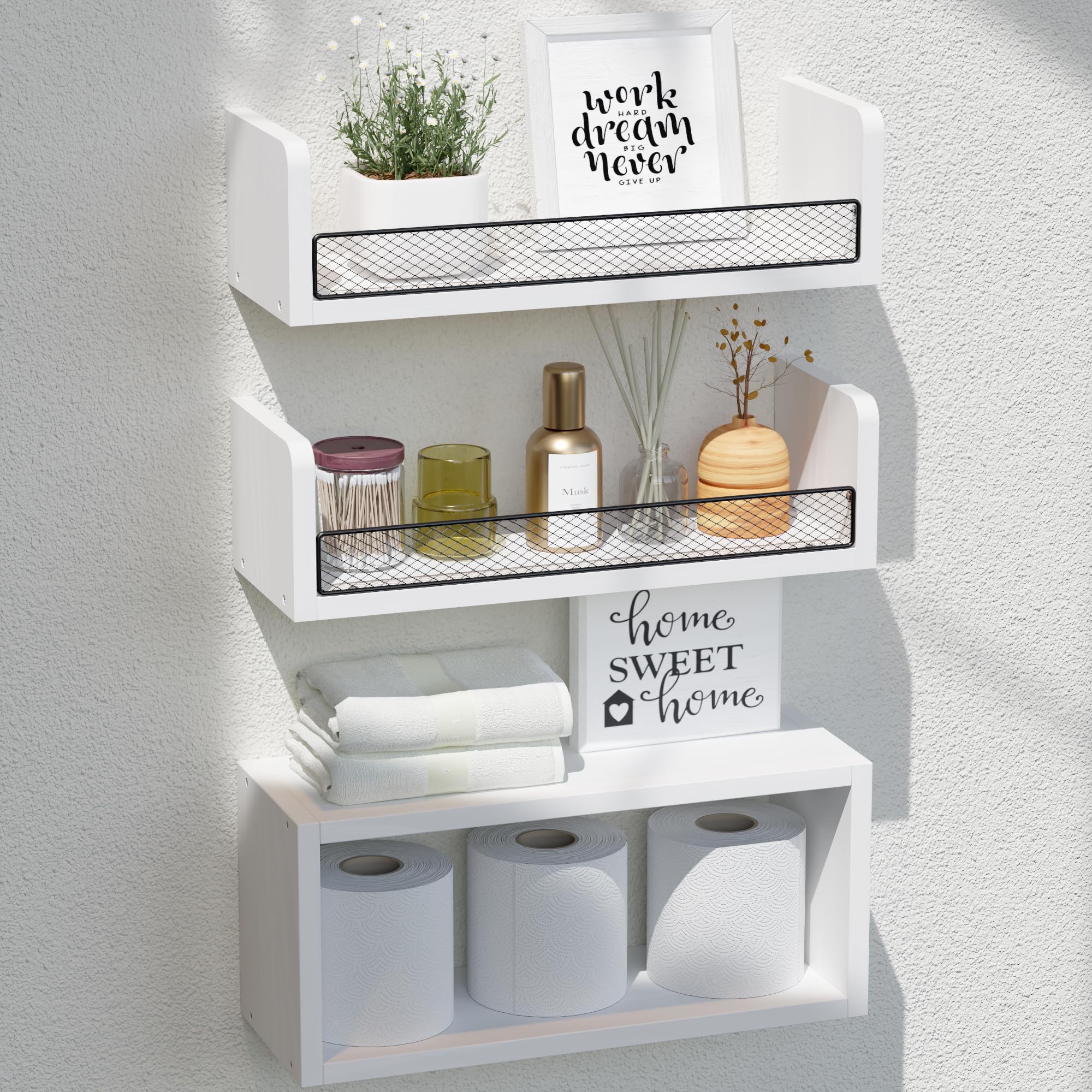 Dr.Wall White Floating Shelves with Wire Mesh Guardrail, Bathroom Shelves Over Toilet, Farmhouse Wood Wall Shelf, Wall Mount Bathroom Organizer, Bathroom Storage Shelves for Wall Décor - Modern White