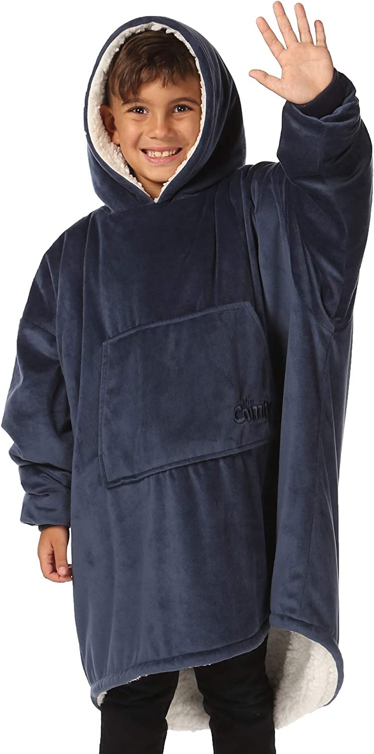 THE COMFY Original Jr. Microfiber Wearable Blanket Hoodie for Kids with Plush Oversized Hood, Large Pocket, and Ribbed Sleeve Cuffs, Blue