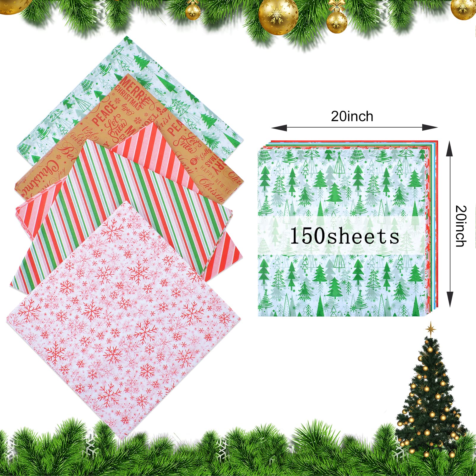Fasezoomit 150 Sheets Christmas Tissue Paper Wrapping Paper,20" x 20", 10 Designs Gift Wrapping Accessory for Christmas Gift Boxes, Bottles, Holiday Tissue Pape