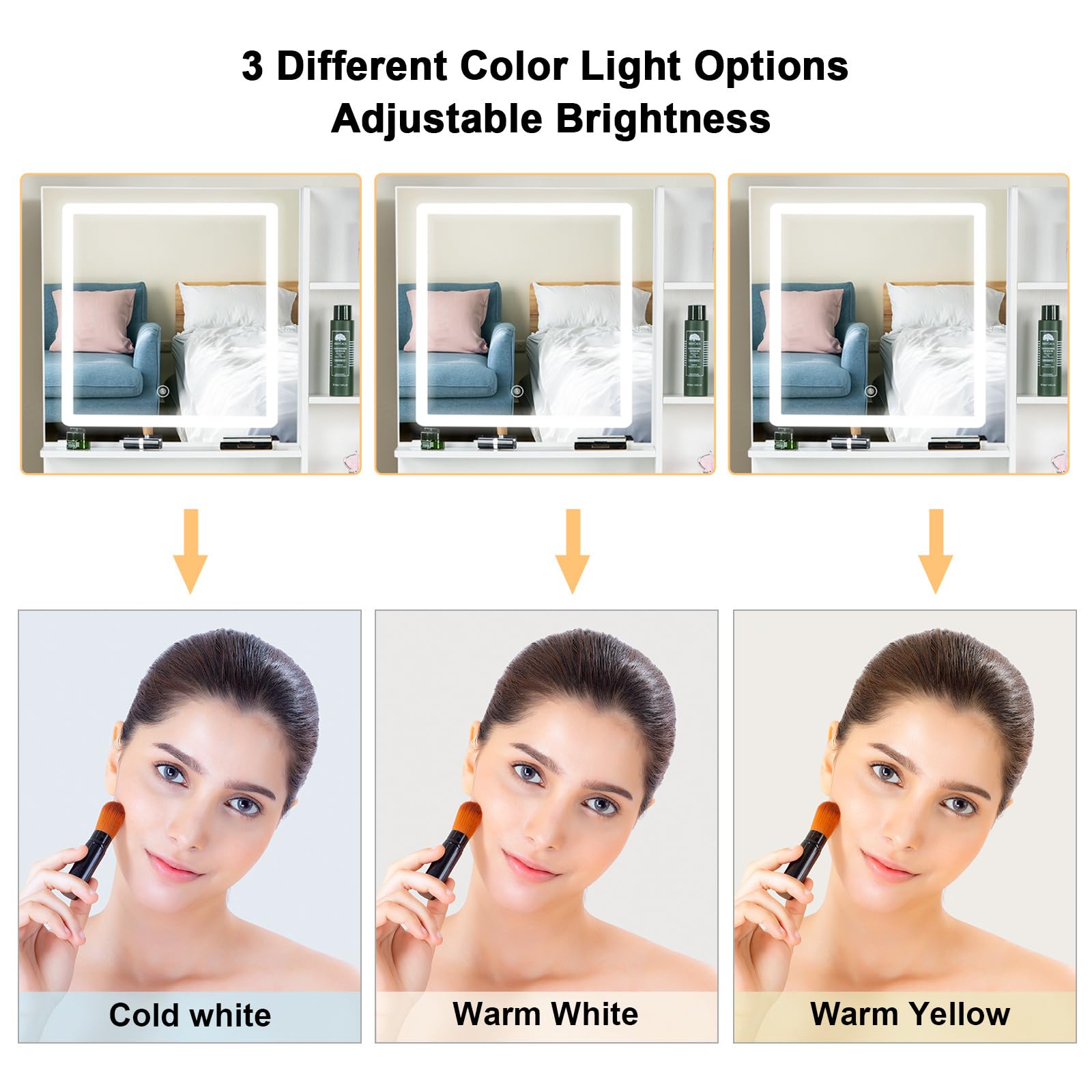 Dradaomull Makeup Vanity with LED Light in 3 Colors, Vanity Table with 4 Shelves and 5 Drawers, Dressing Table with Chair and Adjustable Brightness for Bedroom
