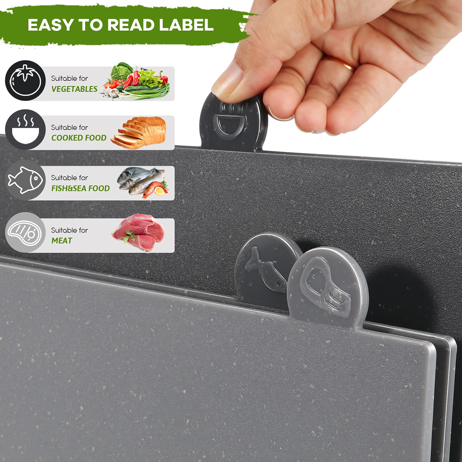 Index Cutting Board Set with Holder,Plastic Chopping Board Set of 4 with Draining Rack,Food Icon,Cutting Boards Dishwasher Safe,BPA Free,Easy to Storage for Kitchen,Send 1 Scissors(12.6" x 8.6")