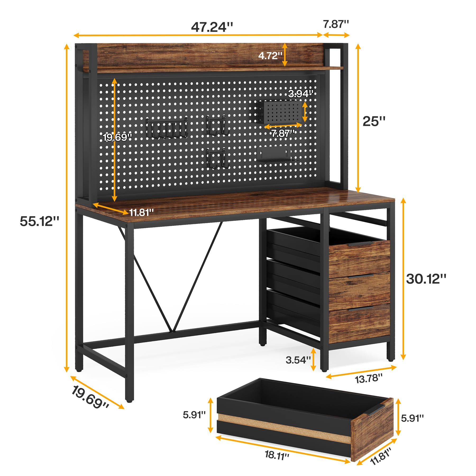 Tribesigns Computer Desk with 4 Drawers, 47 Inches Home Office Desk with Hutch and Storage, Industrial Gaming Desk PC Desk with Pegboard Study Writing Table Workstation for Home Office, Brown & Black