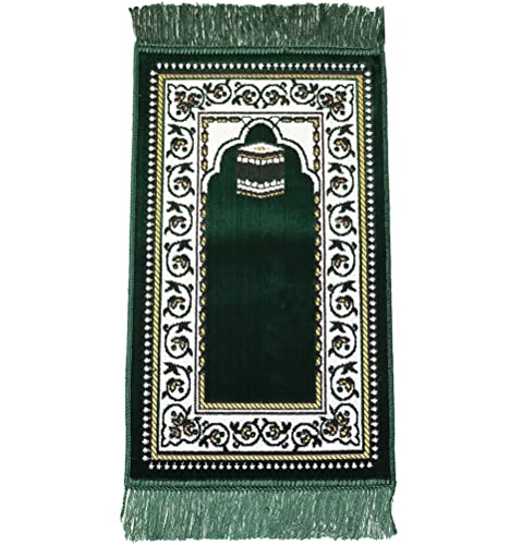 Modefa Islamic Turkish Velvet Prayer Rug Small Child Toddler Namaz Sajjadah Janamaz Dotted Border (KB1 Green)