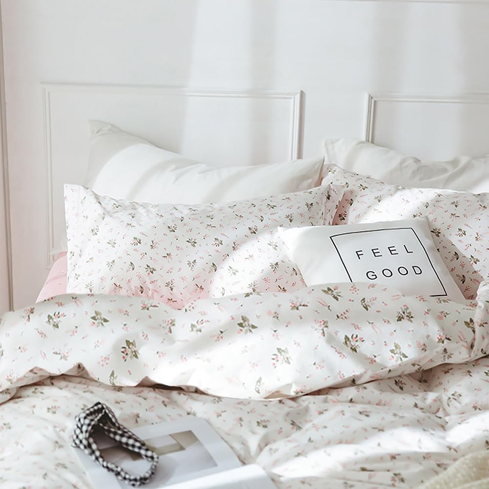 mixinni Girl Comforter Set Twin XL Pink White Flower Leaf Print Bedding Sets, Cute Floral Bedding Comforter Sets for All Seasons-(1 Comforter+2 Pillow Shams)-Twin XL Size