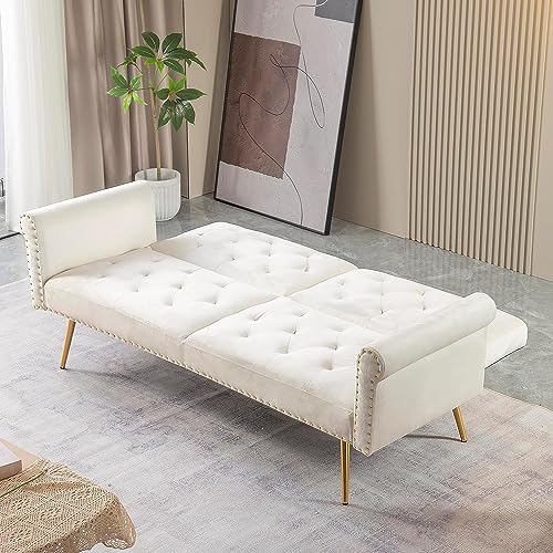 ERYE Beige Velvet with 2 Pillows 5 Legs Nailhead Decor