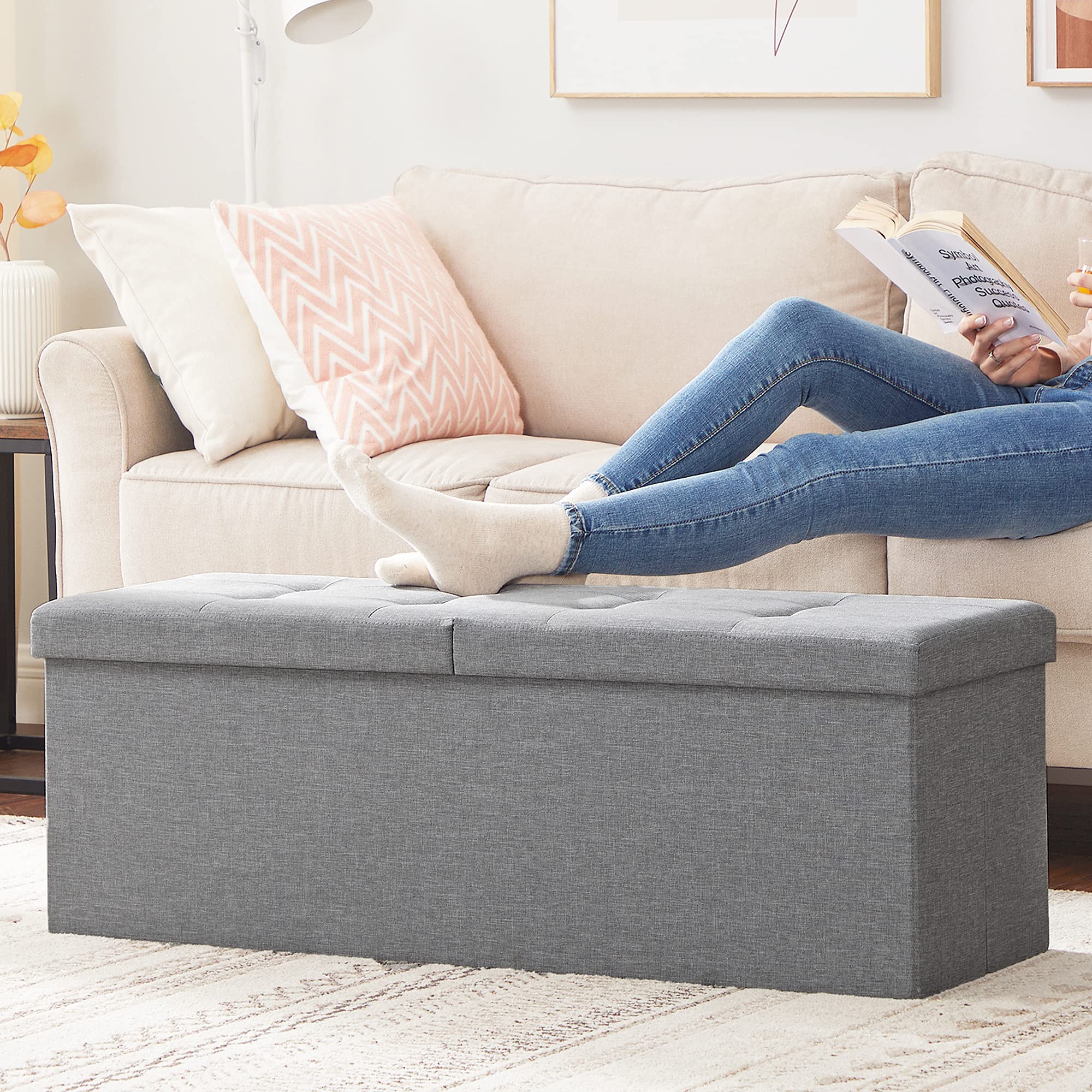 SONGMICS Storage Ottoman, Foldable Storage Bench, 15 x 43 x 15 Inches, Flipping Lid, 660 lb Load Capacity, for Entryway, Living Room, Bedroom, Ash Gray ULSF71G