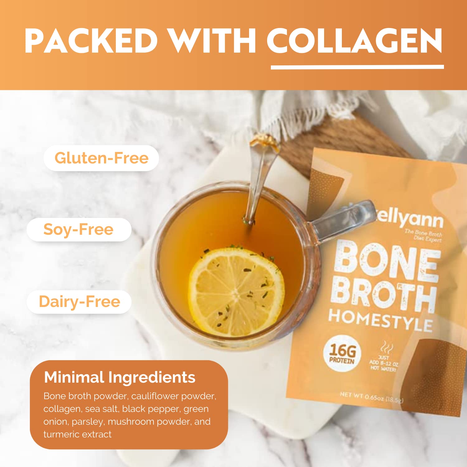 Dr. Kellyann Bone Broth Collagen Powder Packets (7 Servings, 1 Box), 16g Protein/Serving, 100% Grass-Fed Hydrolyzed Collagen Powder, Keto & Paleo Friendly