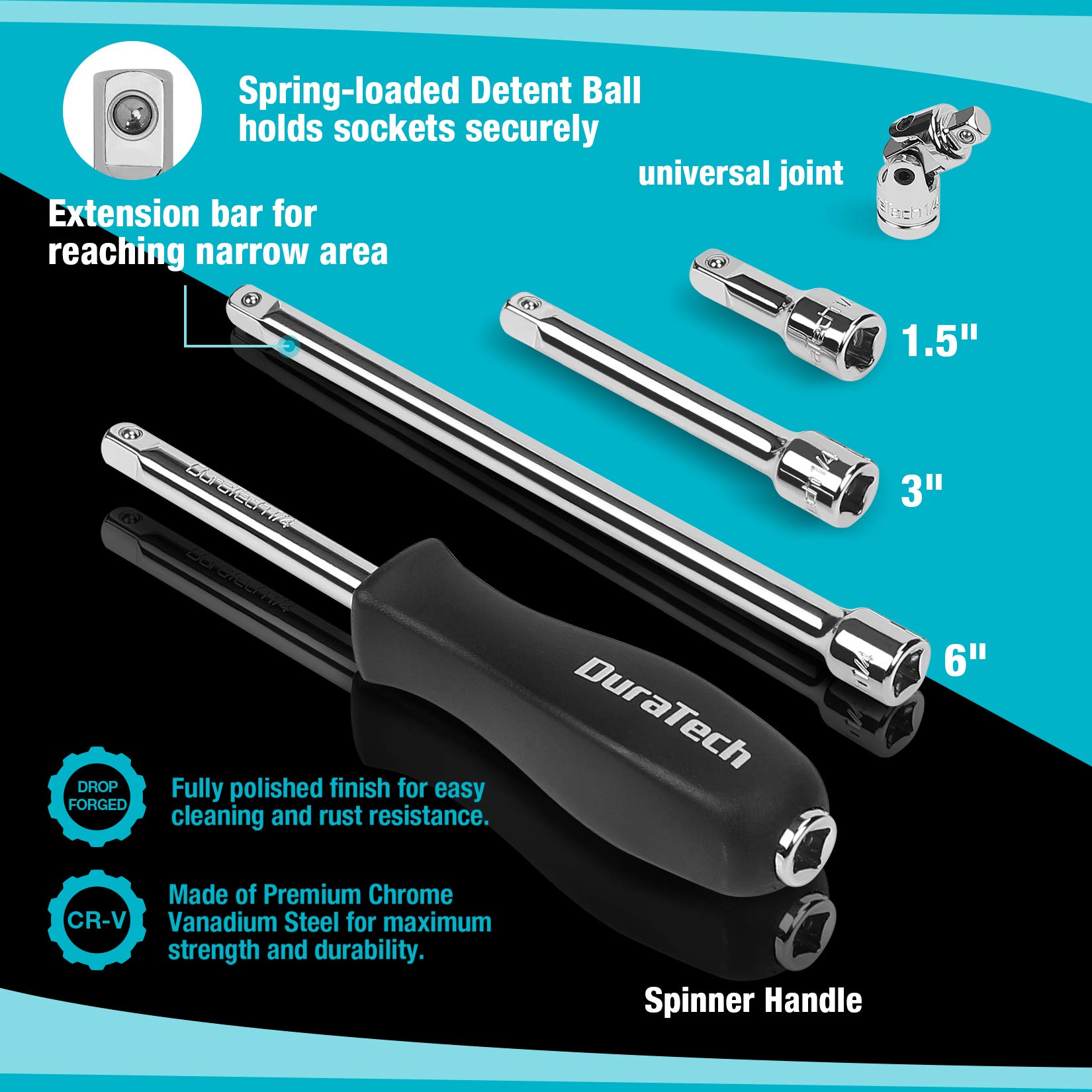 DURATECH 1/4" Socket Set, 51 Piece Tool Set Including Standard(SAE) and Metric Sockets, Bit Sockets, Ratchet and Universal Joint