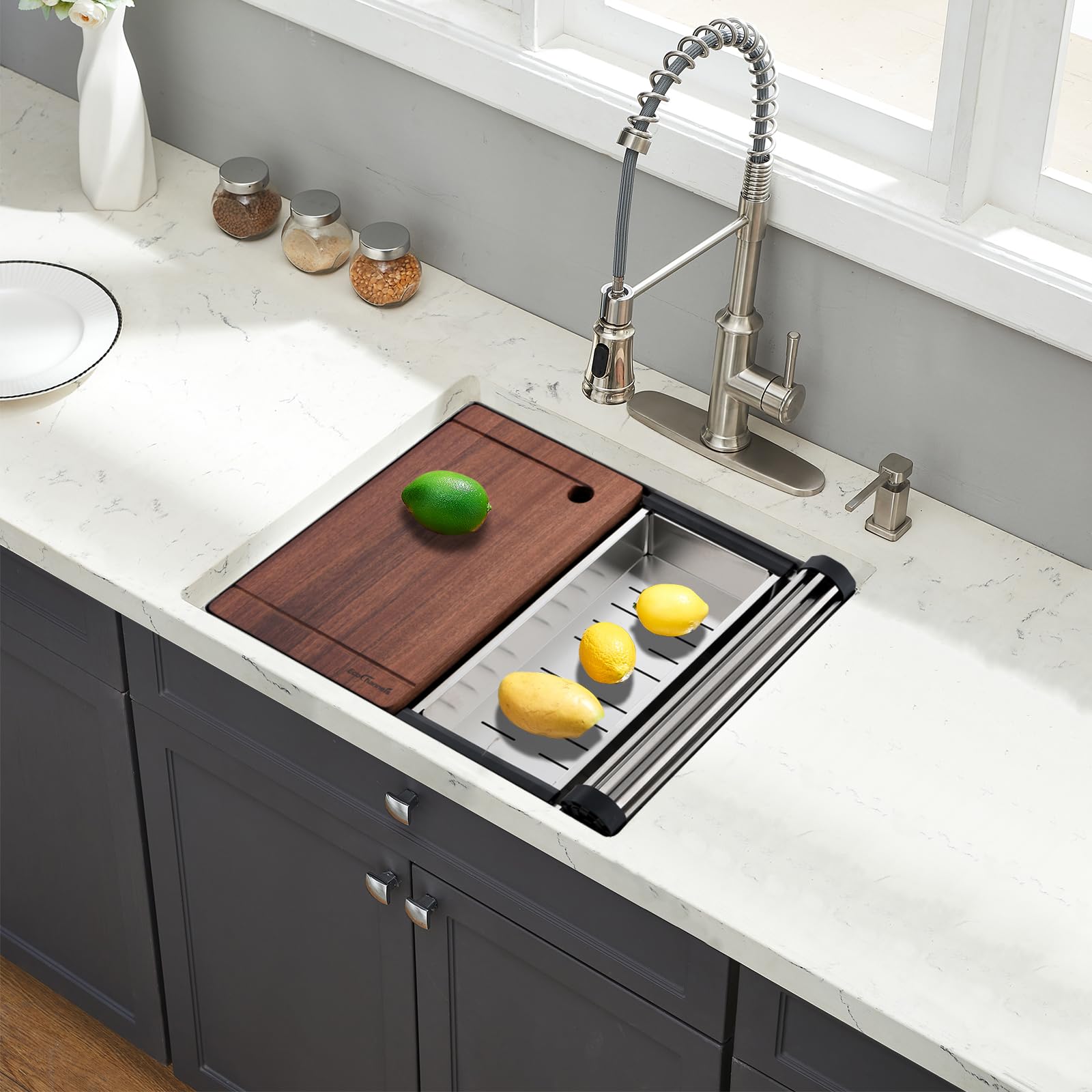 EcoChannels Undermount Kitchen Sink, 24 x 19 Inch Sink Kitchen 16 Gauge Stainless Steel Kitchen Sinks Single Bowl Workstation Sink with Cutting Board