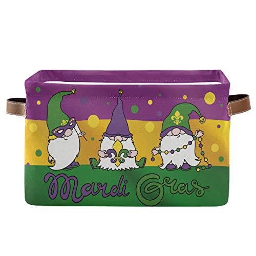 Mardi Gras Gnomes Storage Basket Fabric Laundry Baskets Gold Green Purple Fleur de Lis Mask Beads Confetti Feather Storage Boxes Organizer Bag for Baby Toy Book Storage Cubes Shelf Closet Bins 16×12×8