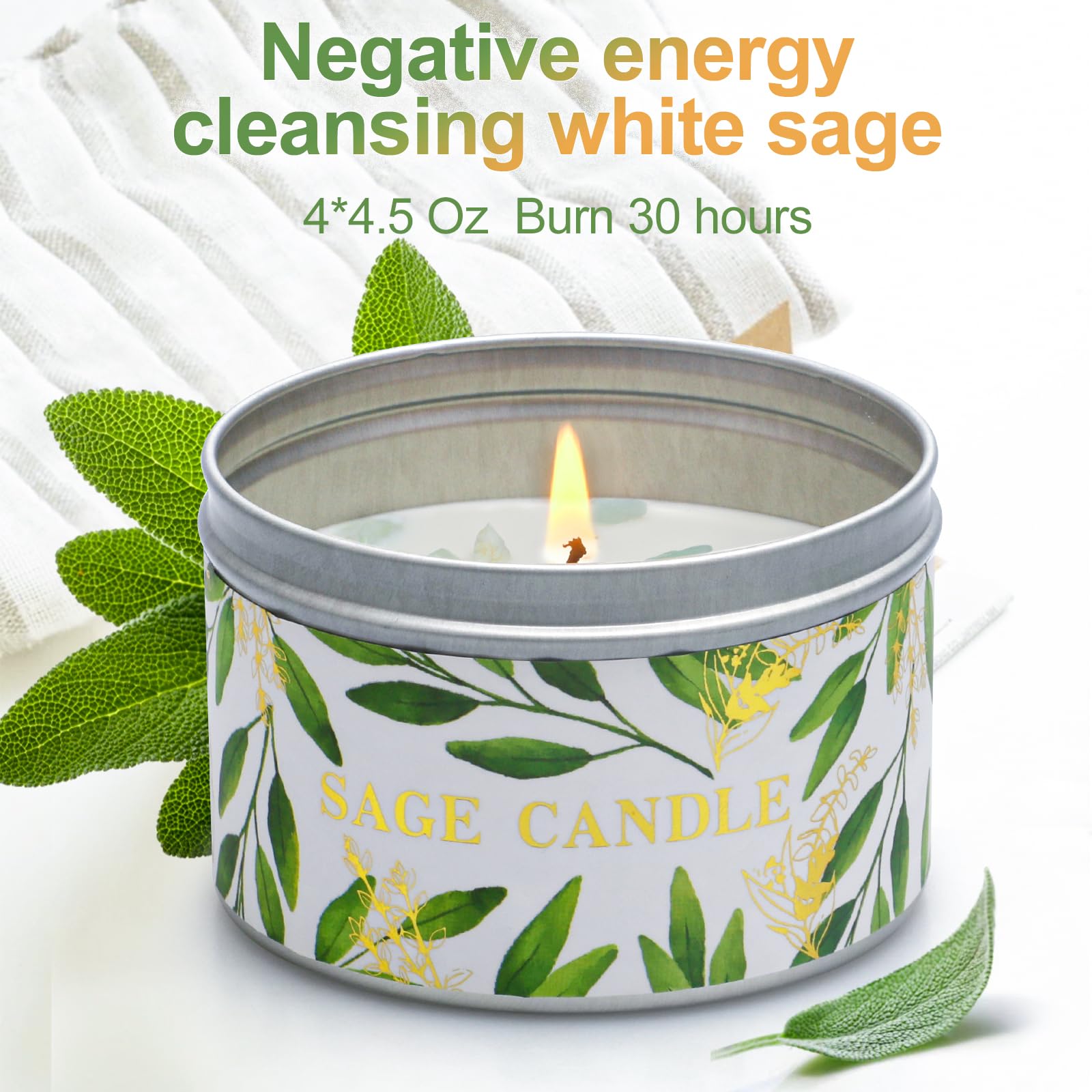 Sage Candles for House Energy Cleansing,4 Pack House Warming Gifts New Home Pure White Sage Candle Set for Chakra Healing-18oz 120 Hour Long Lasting Natural Soy Wax Aromatherapy Candle