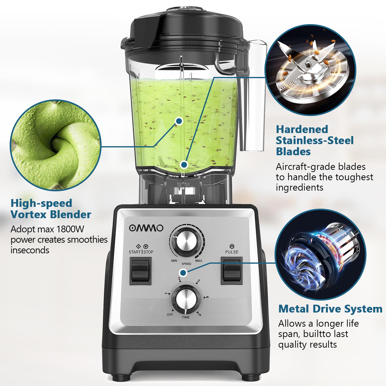 OMMO Blender 1800PW, Professional High Speed Countertop Blender for Kitchen with Durable Stainless Steel Blades, 68oz BPA Free Blender for Shakes and Smoothies, Nuts, Ice and Fruits, Dishwasher Safe