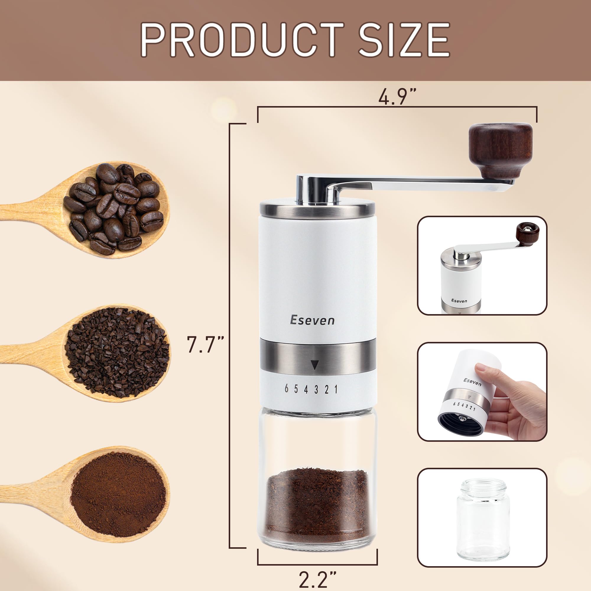Eseven Manual Coffee Grinder Hand Coffee Grinder with 6 Adjustable Ceramic Burr Grinder Coarseness Settings, Manual Coffee Bean Grinder for Espresso, French Press, Camping & More! (Cream)