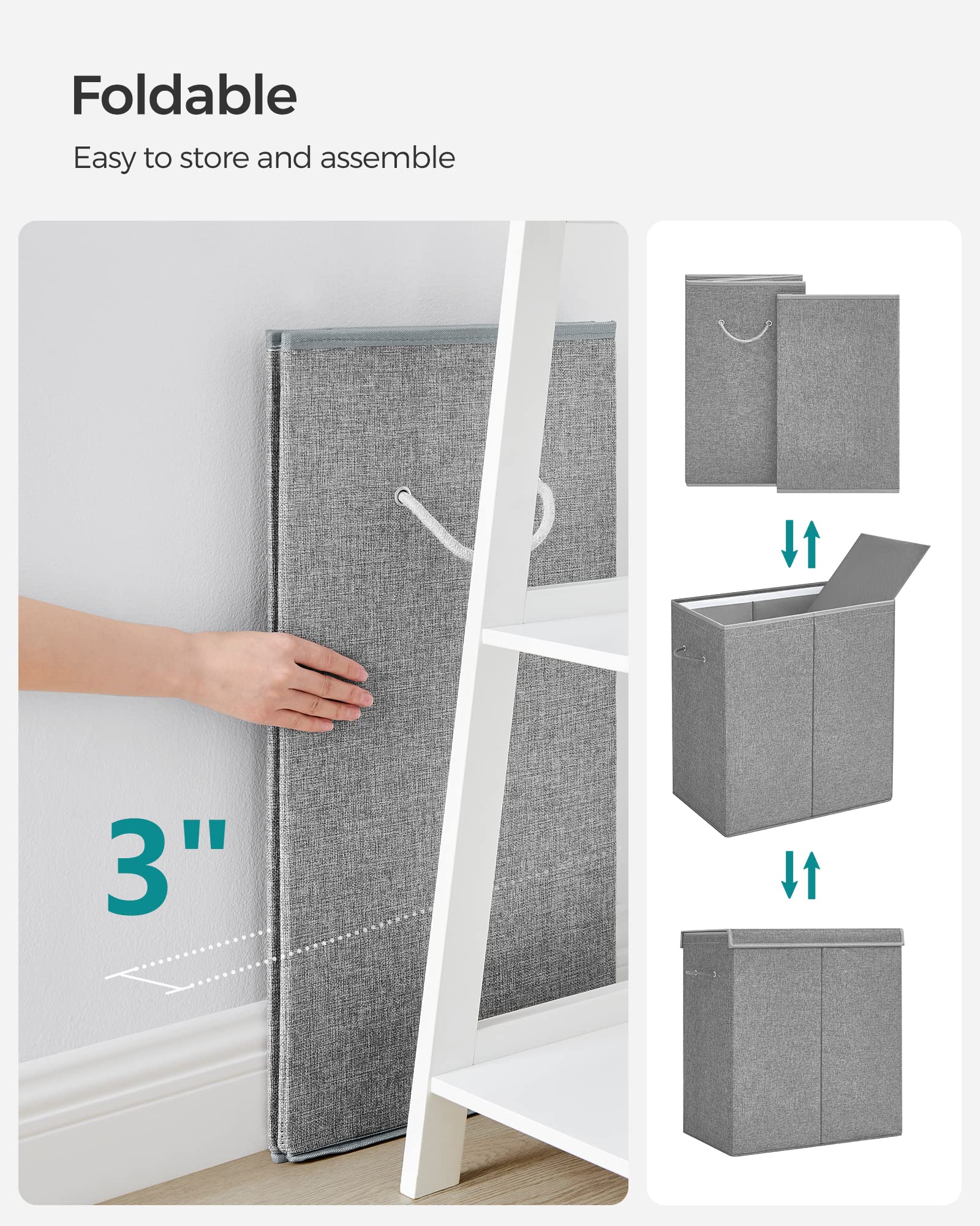 SONGMICS Sturdy Double Laundry Hamper with Lid, Removable Fabric Bag, 142L Large Clothes Hamper 2 Section, Laundry Basket with Handles for Closet, Laundry Room, Bedroom, Bathroom, Gray ULCB02G
