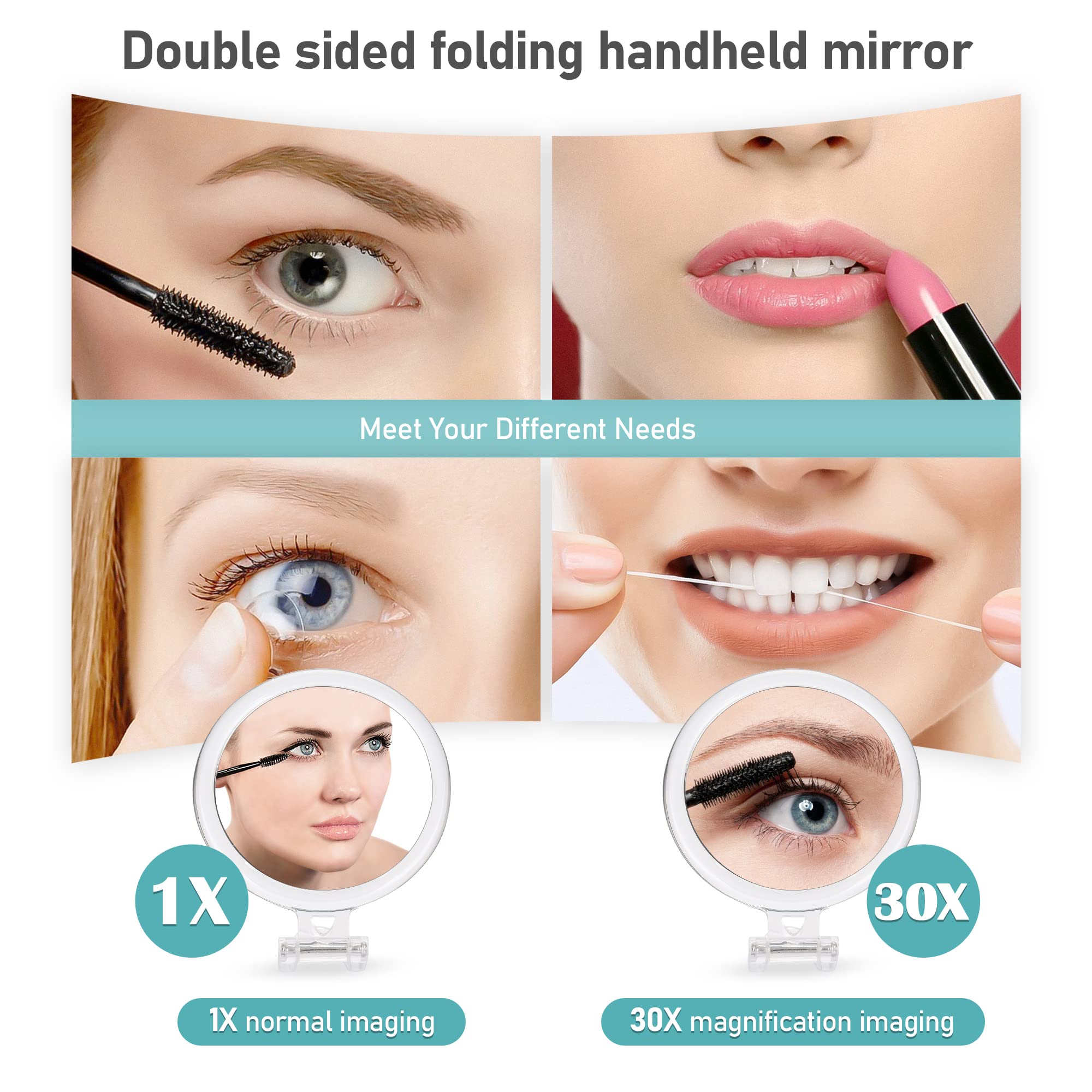 MIYADIVA Magnifying Mirror,30X Hand Mirror with Handle,Travel Magnifying Mirror with Double-Sided 1X/30X Magnification,6 in Handheld Magnifying Mirror,Foldable Makeup Mirrors as a Gift for Parents