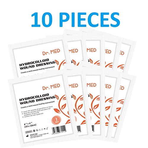 Dr. Med Hydrocolloid Wound Dressing 4"x4"-10 Pack/Box, Waterproof Adhesive Bordered Bandage, for Light Exudate, Abrasions, Pressure Ulcer, Bed Sore, Superficial Wound Care