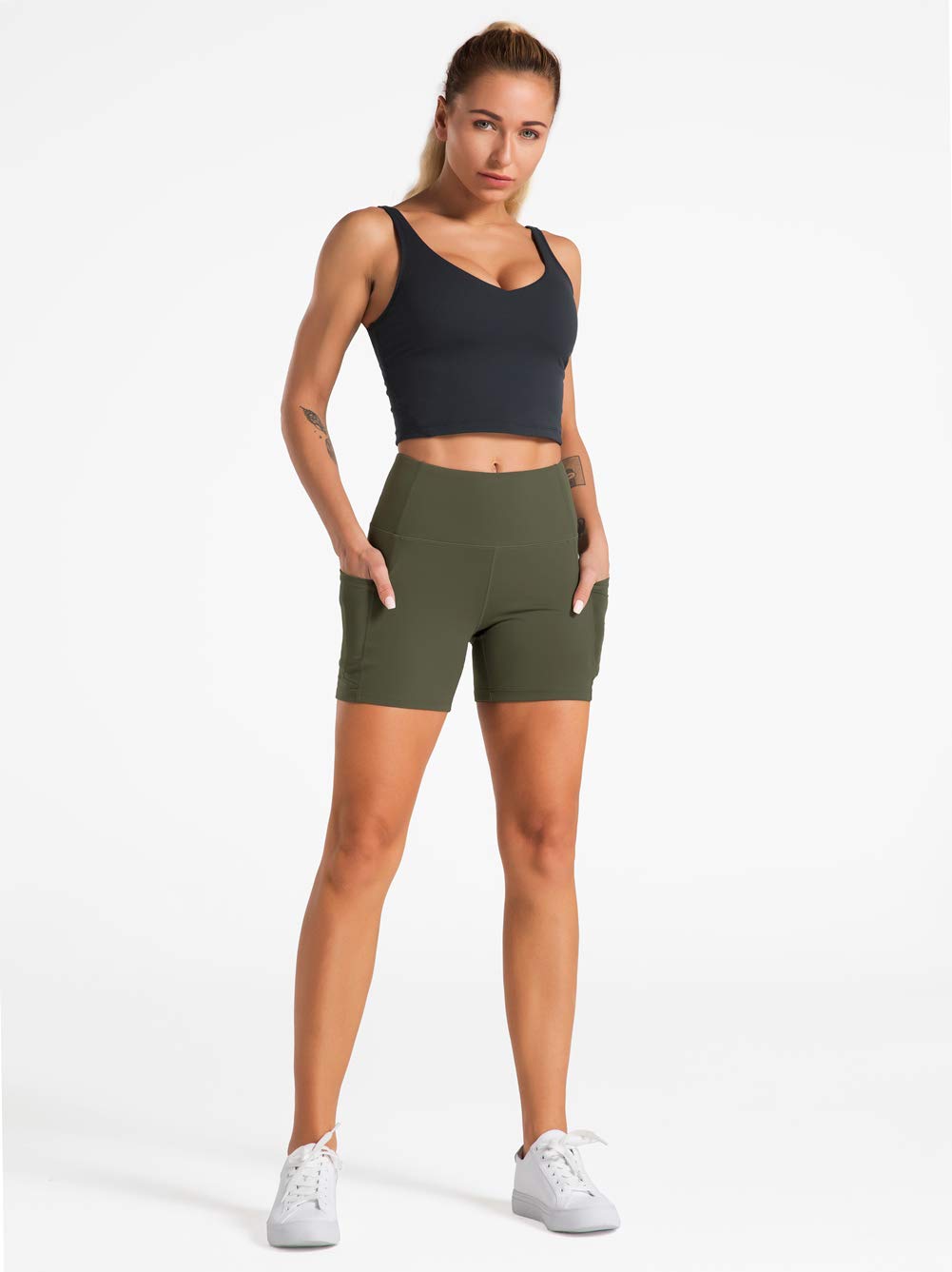 Dragon Fit High Waist Yoga Shorts for Women with 2 Side Pockets Tummy Control Running Home Workout Shorts (Large, Olive Green)