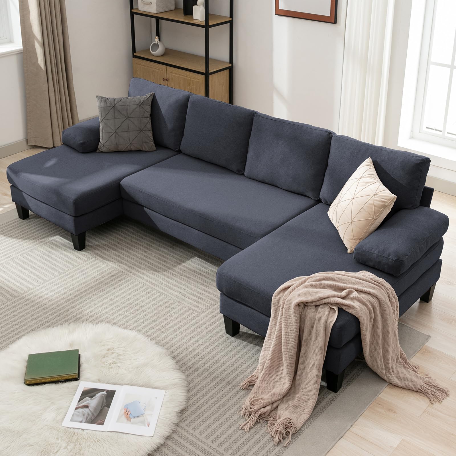 Mjkone Convertible Sectional Sofa U-Shaped Couch with Double Chairs Couch Set Soft Linen Fabric Sofa for Living Room Oversized Seats Comfy Backrest, 112 Inch - Dark Grey