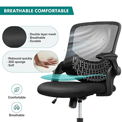 OLIXIS Wheels, Ergonomic Home Office Flip-up Arms and Lumbar Support, Mesh Swivel Rolling Height Adjustable, Tilt and Lock, Computer Desk Chair, Black