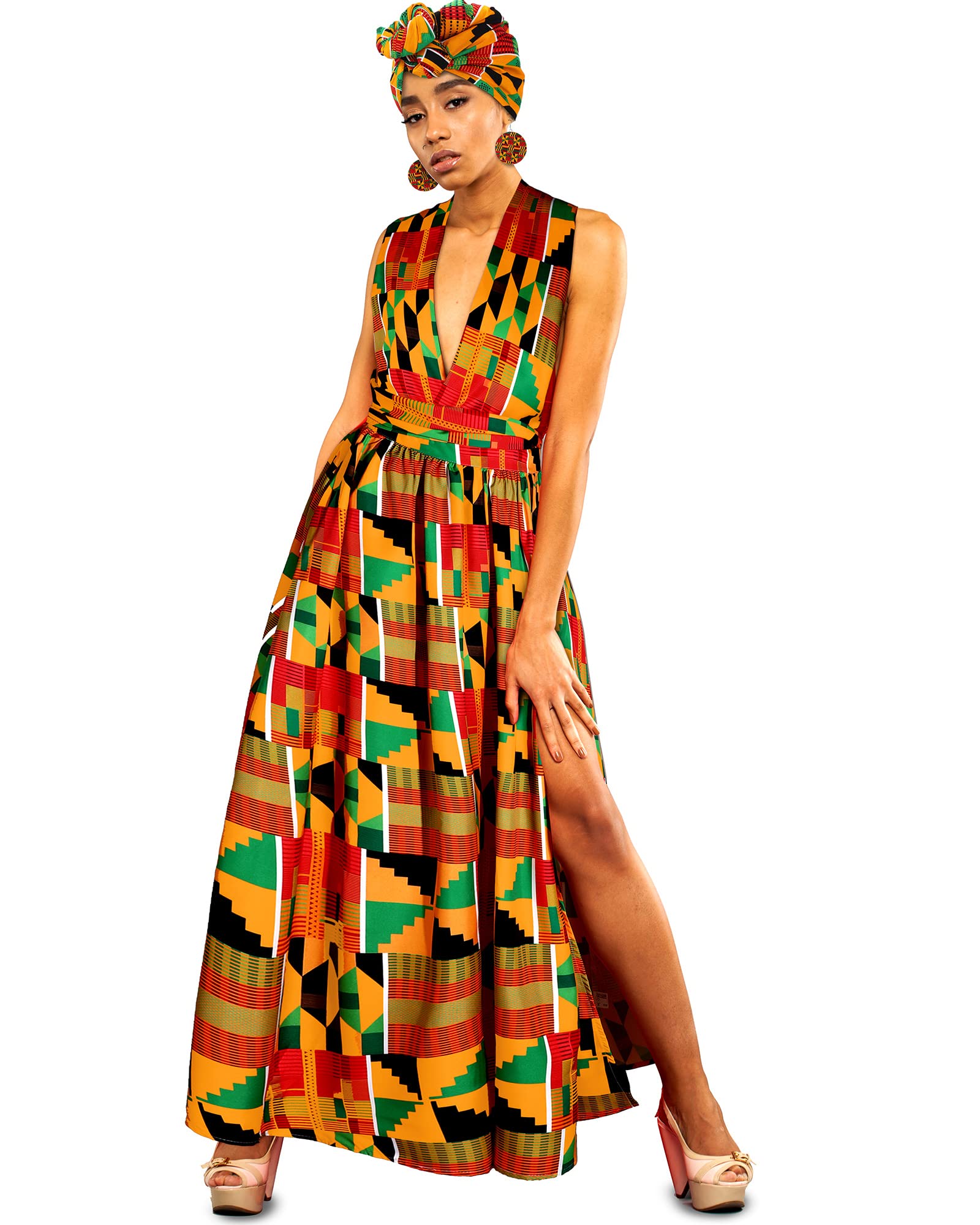 Haysandy 3 Pcs Women African Ankara Print Traditional Costume Set Long Maxi Dress Headwraps Scarf Drop Dangle Earrings(X-Large)