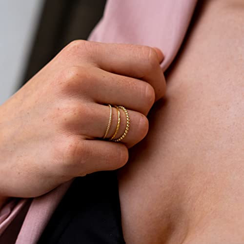 espere 18K Gold Plated Sterling Silver Stacking Ring Set of 3 | Thin Beaded Ring Twisted Rope Band Hammered Ring | Minimalist Spacer Rings | Delicate Eternity Gold Band