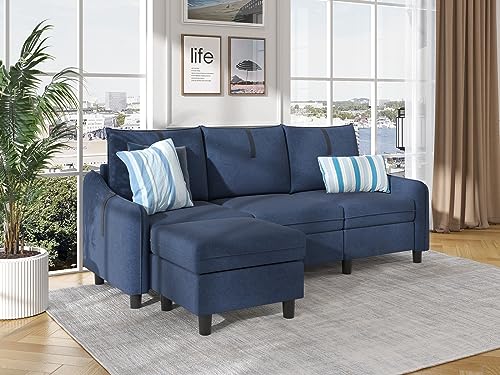 Pingliang Home 80" Sectional Sofas for Living Room, 3 Seat L Shaped Couch with Reversible Ottoman, Modern Linen Fabric Small Sectional Couch for Apartment Small Space, Navy Blue