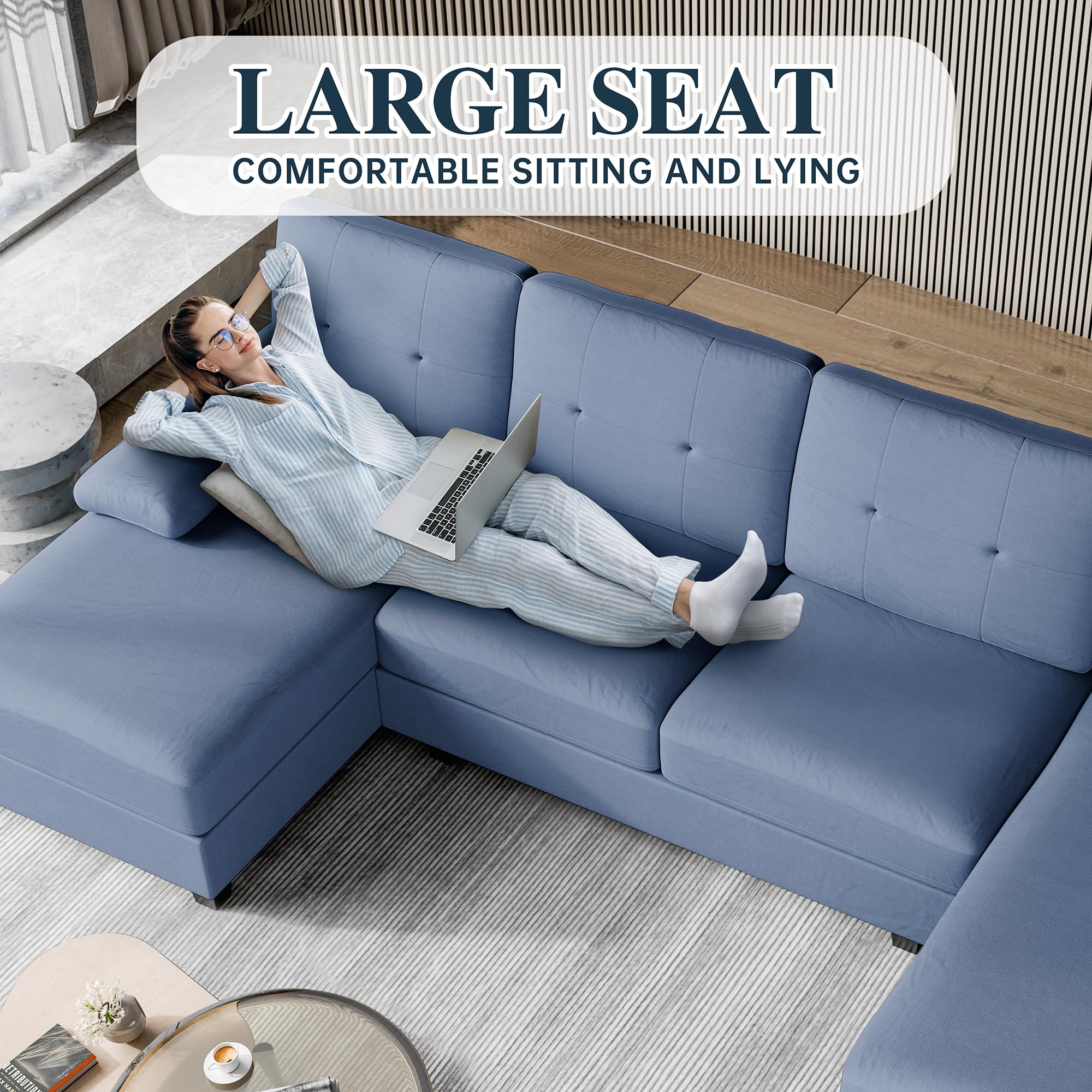 Meilocar Sectional Couches for Living Room, 4 Seat Sofa Set U Shaped Couch with Wide Double Chaise, 106in Modern Sofa Fabric Large Couch with Oversized Seats (Blue)