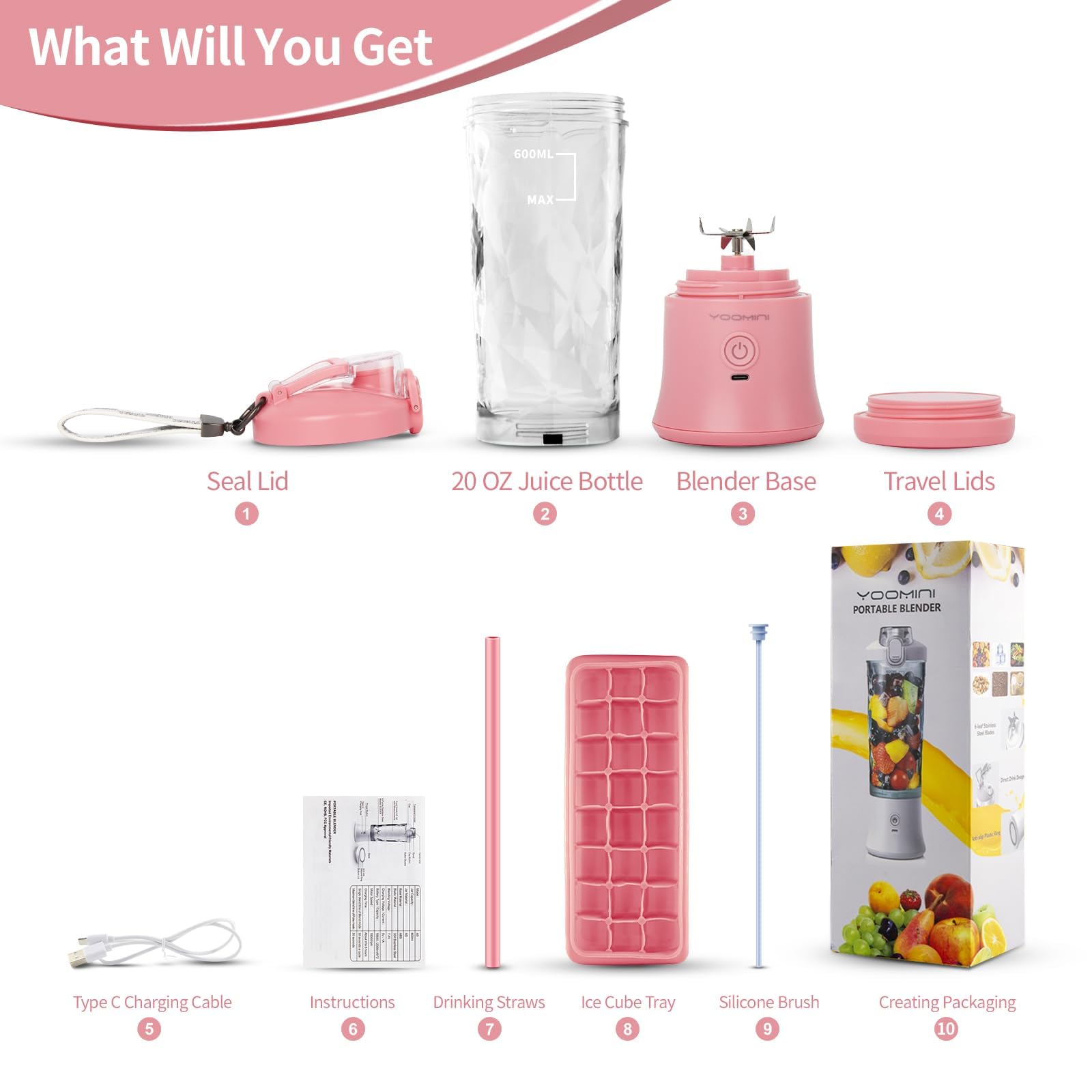 Portable Blender, Personal Blender for Shakes and Smoothies - USB Rechargeable 20oz Mini Blender with 6 Blades and ToGo Cup for Sports Travel Gym
