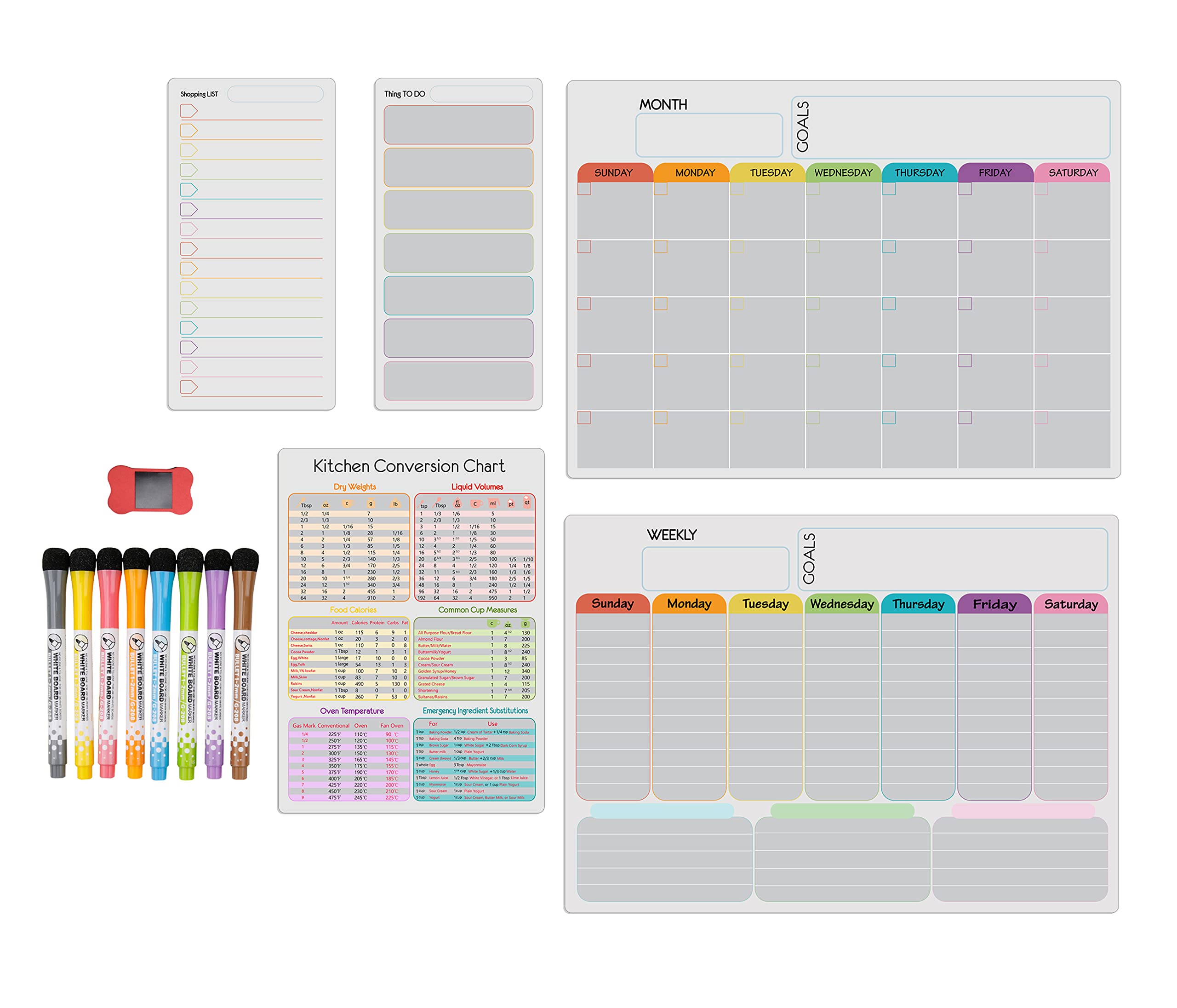 Hivillexun Magnetic Dry Erase Calendar Whiteboard Set (5-Pack) - Includes Meal Planner, Conversion Chart, Family Menu Organizer, Shopping List, and Daily Schedule - 8 Markers and 1 Eraser