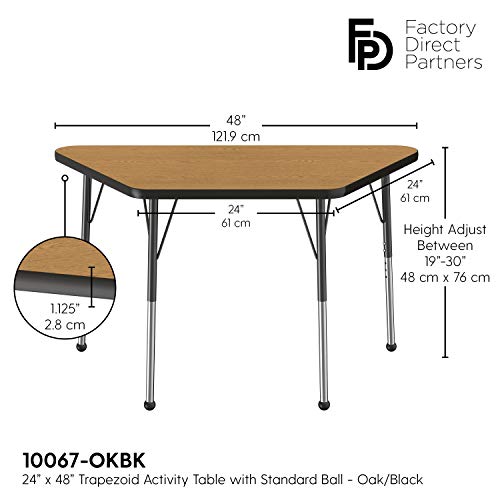 FDP Trapezoid Activity School and Office Table (24 x 48 inch), Standard Legs with Ball Glides for Collaborative Seating Environments, Adjustable Height 19-30 inches - Oak Top and Black Edge