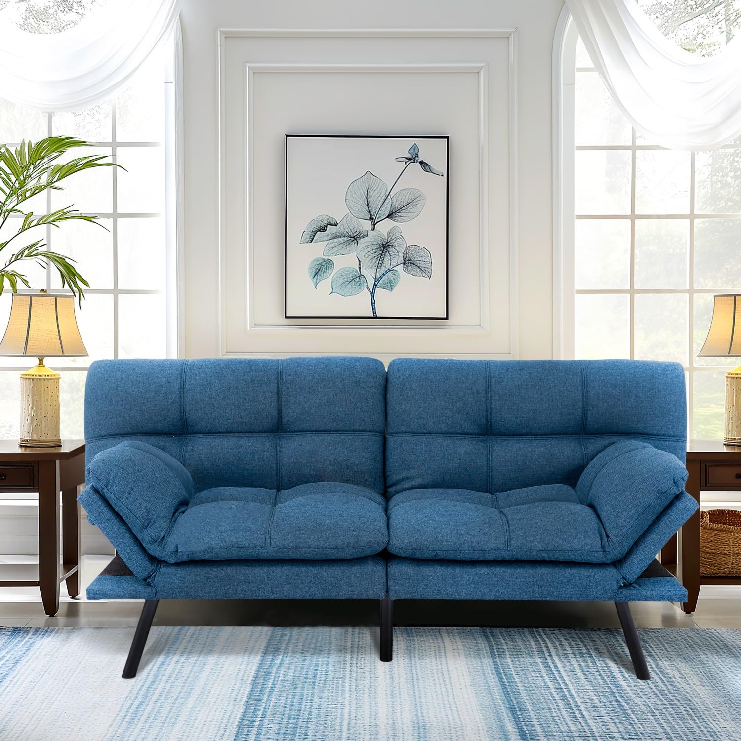 MUUEGM Futon Couch Convertible Memory Foam Sleeper Futon Sofa Bed, Adjustable Backrest Armrest Folding Futon, Modern Fabric Sofa Bed for Living Room, Apartment, Office, Small Room, 71β Blue