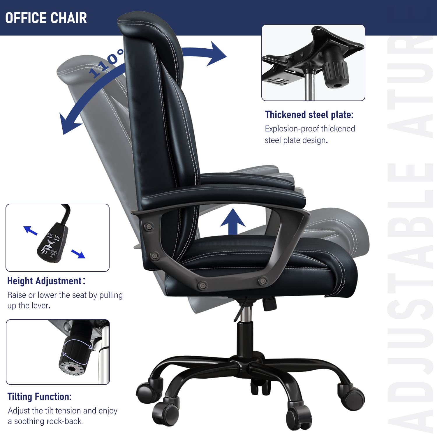 Ergonomic Office Chair High Back Home Office Desk Chair with Wheels Computer Chair with Lumbar Support PU Leather Executive Office Chair,Black