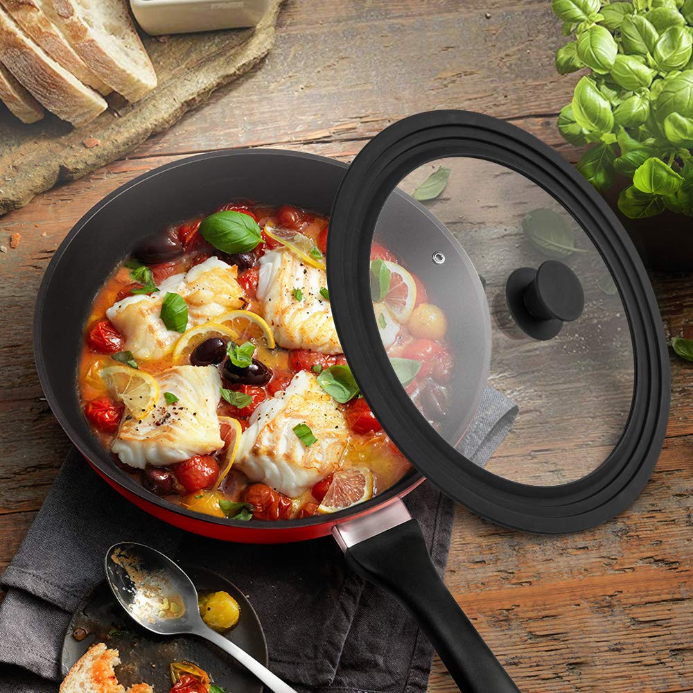 Universal Lid for Pots,Pans and Skillets - Tempered Glass with Heat Resistant Silicone Rim Fits 11", 12" and 12.5" Diameter Cookware ,Black