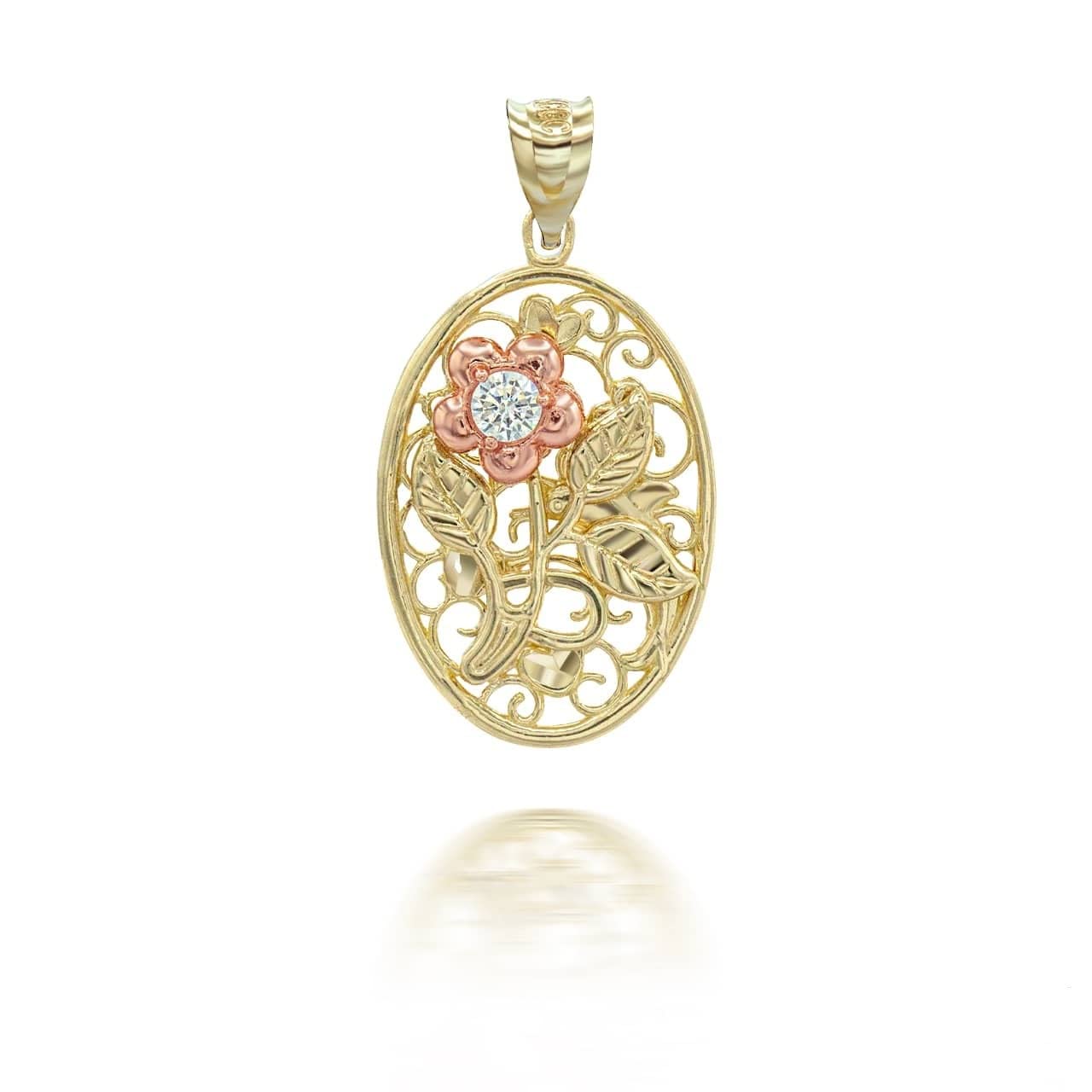 Elegant 14k Two-Tone Gold CZ Oval Filigree Rose Vines Pendant Necklace, 18"