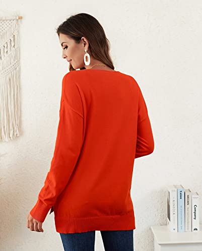 MicroStar Women's Spring Casual Lightweight V Neck Batwing Long Sleeve Knit Top Loose Pullover Sweater Orange