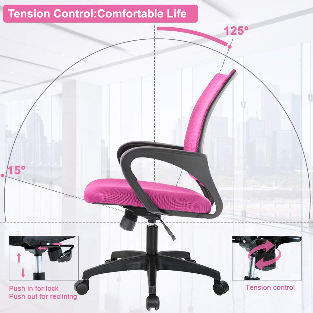 Ergonomic Office Chair Desk Chair Mesh Computer Chair with Lumbar Support Executive Rolling Swivel Adjustable Home Mid Back Task Chair for Women Adults, Pink