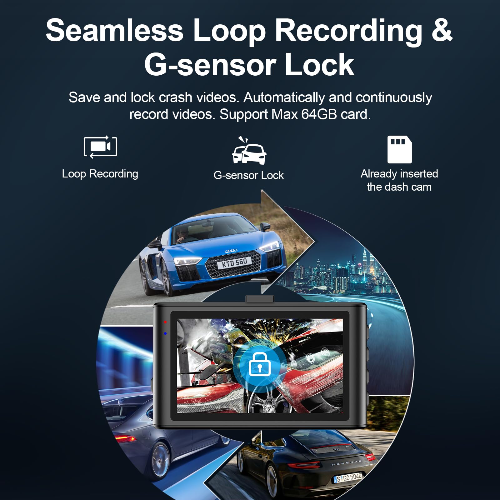 Dual Dashcams for Cars Front and Rear,1080P Super Night Vision Dash Cam Front and Rear,3" IPS Dual Dash Camera for Cars with G-Sensor,Loop Recording,Parking Monitor,Motion Detection