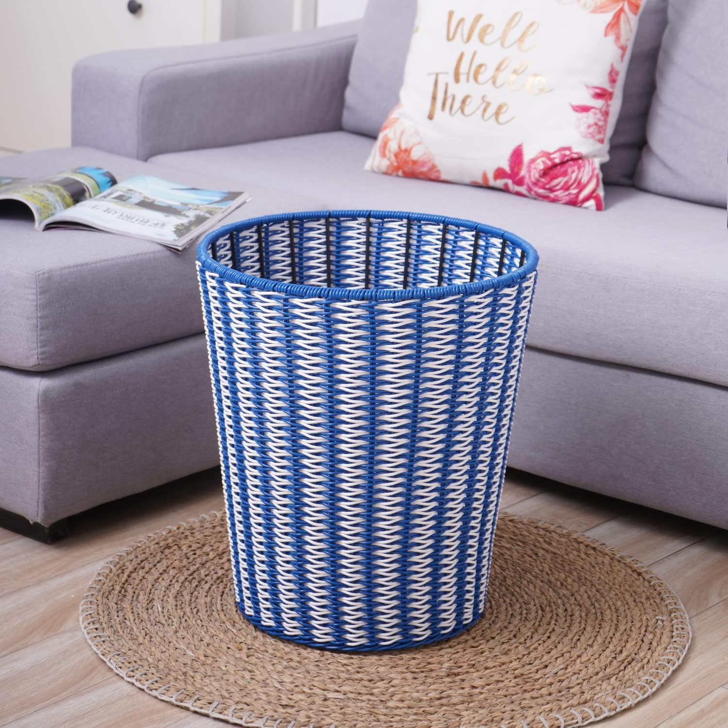 DUSVALLY Wicker Stool for Patio & Garden, Decorative Outdoor Woven Wicker Accent Side Table Storage Stool Basket, 18" H Ottoman Footstool for Bedroom Balcony Deck Seat Furniture, Blue