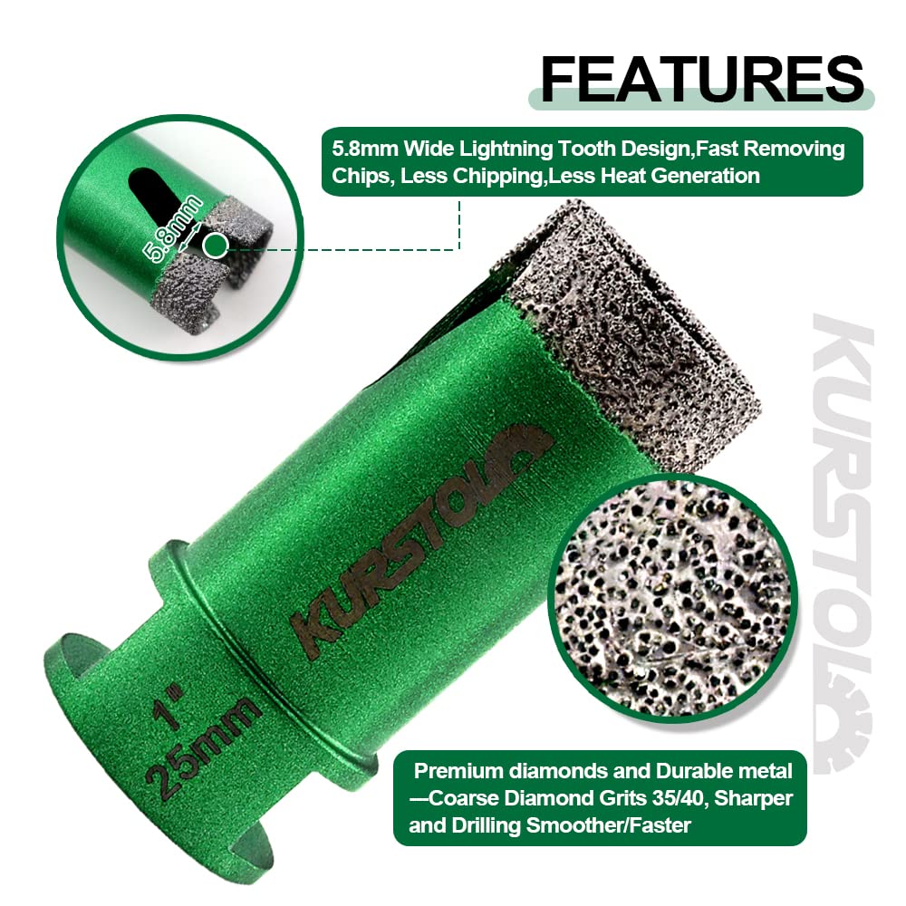 KURSTOL Diamond Core Drill Bits - 1-1/4 Inch with 58-11 Thread Dry Tile Hole Saws for Dry Drilling Porcelain Ceramic Tile Granite Marble Stone Vacuum Brazed Diamond Drill Bit 32mm
