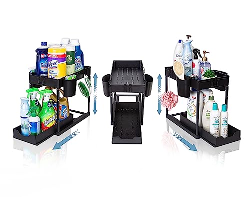 evismo 2-Tier Under Sink Organizer, Bathroom & Kitchen Multipurpose Cabinet Storage, with Pull-out Sliding Drawer, Hooks & Hanging Cups, Adjustable Height, Cabinet Organizer, Black